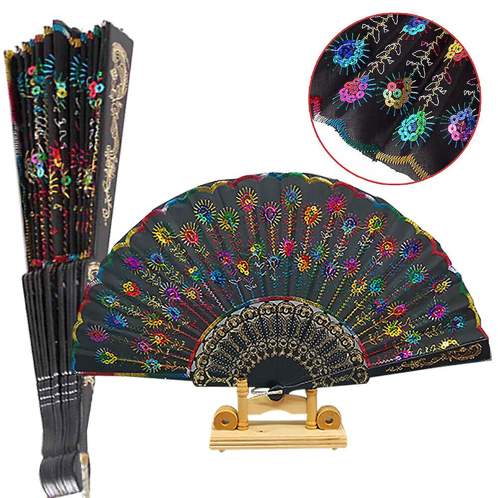 Hand Fan Pattern Folding Sequin Embroidered Peacock Wedding for Dance ...