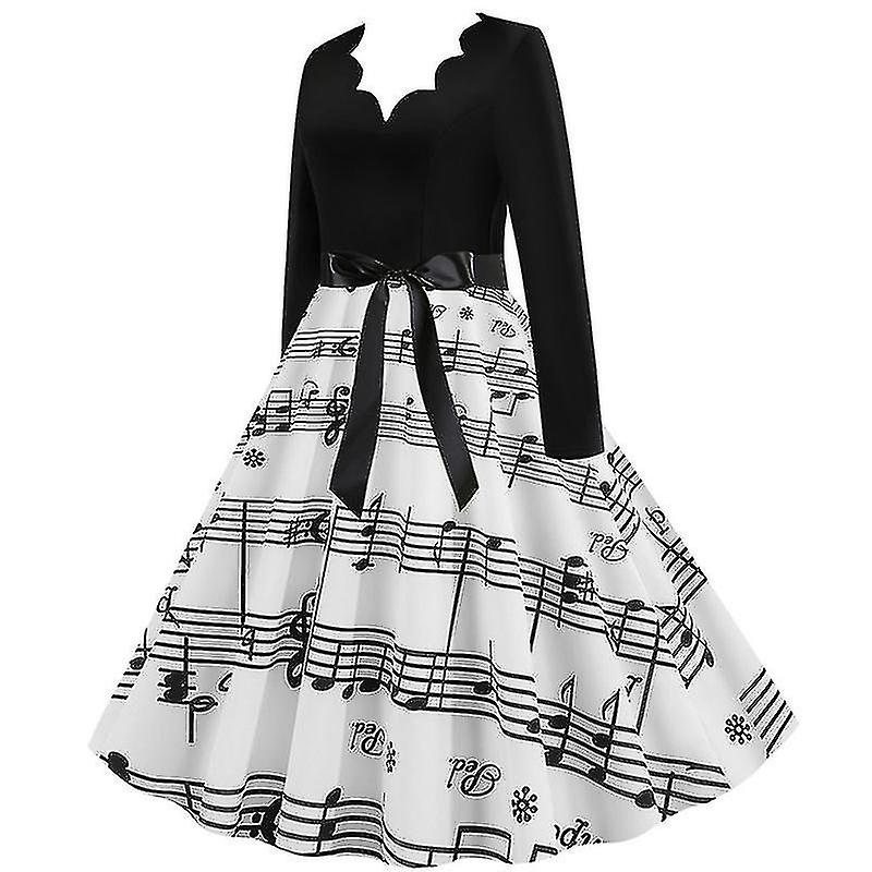 Women Musical Note V-neck Swing A-line Dress Long Sleeve Retro Fancy ...