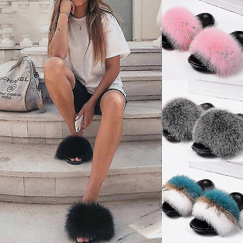 Summer Fur Slippers Fluffy Cute Plush Ladies Flip Flops Luxury Charming ...