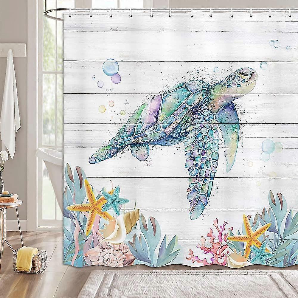 Sea Turtle Shower Curtain For Bathroom, Sea Animal Turtle On Rustic ...