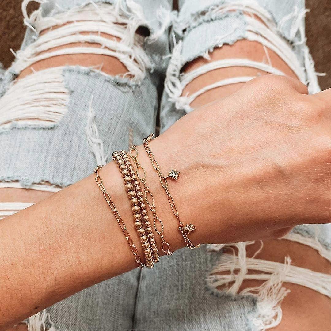 Gold Bead Layered Bracelets for Women,14K Gold Plated Beaded Ball Chain ...