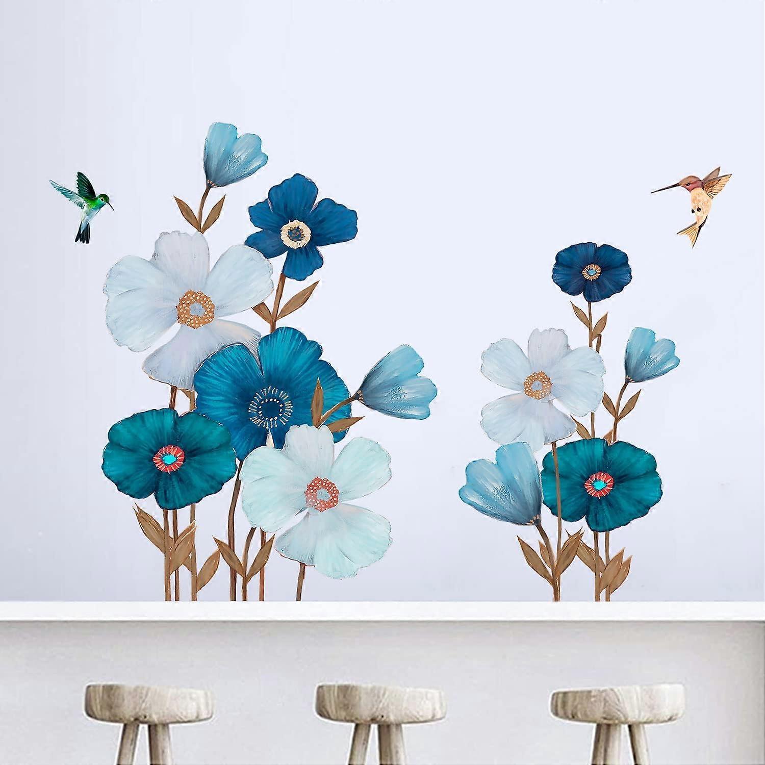 Blue White Flower Wall Sticker Large Floral Plant Wall Decal Flying ...