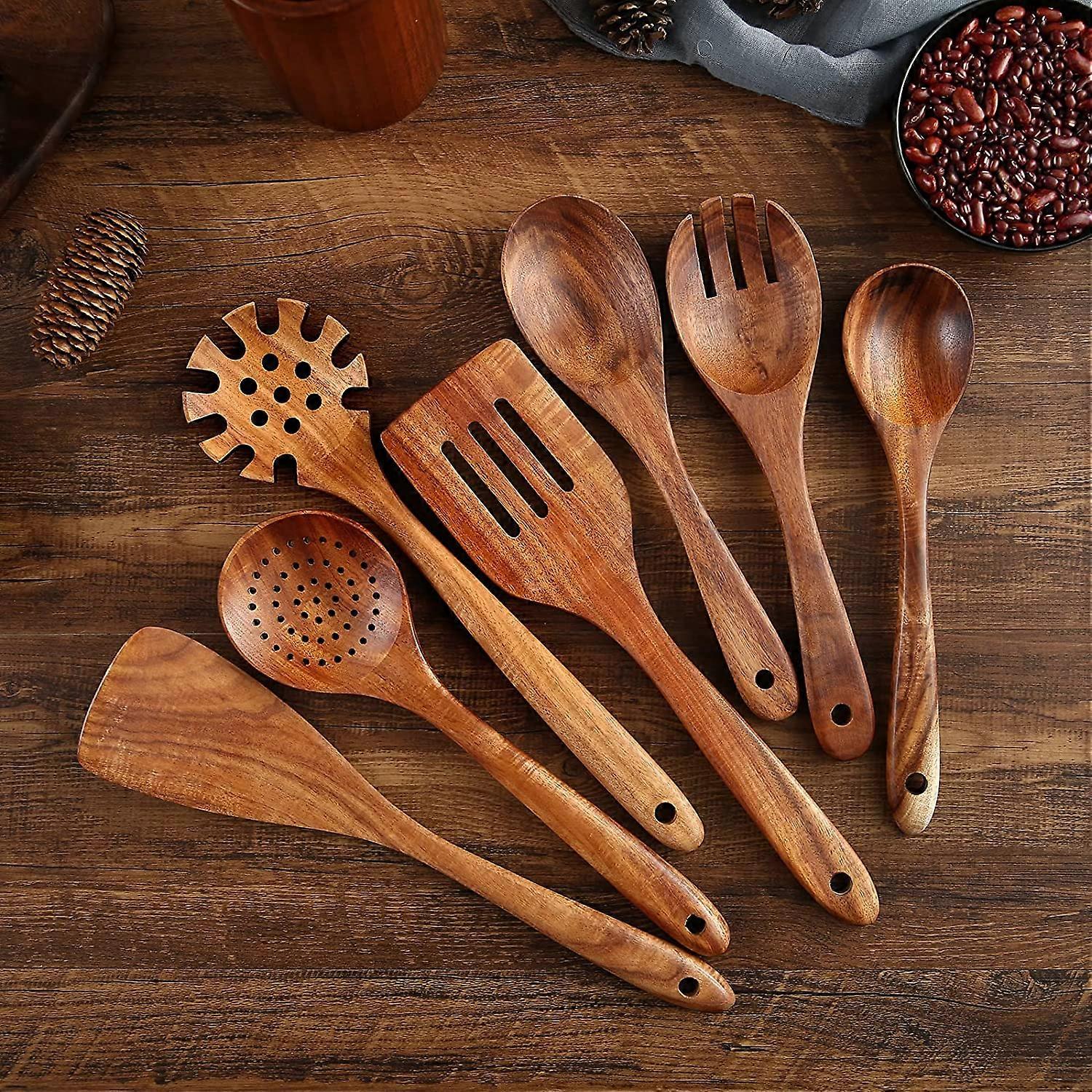 7 Piece Wooden Kitchen Utensil Set, Stylish, Strong and Non-Stick Teak ...