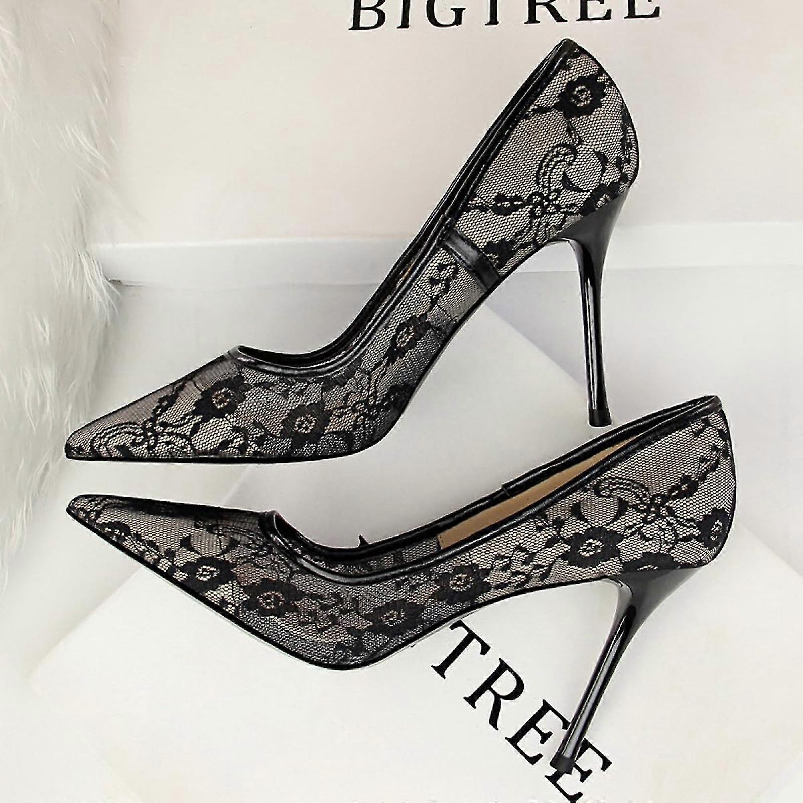 Women's Sexy Mesh Lace Pumps, 4 Inch High Heels Pointed Toe Closed ...