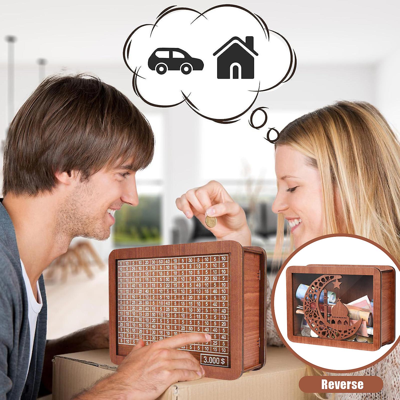 Wooden Money Box with Counter Marker Pen Vintage Hollow Moon Castle ...