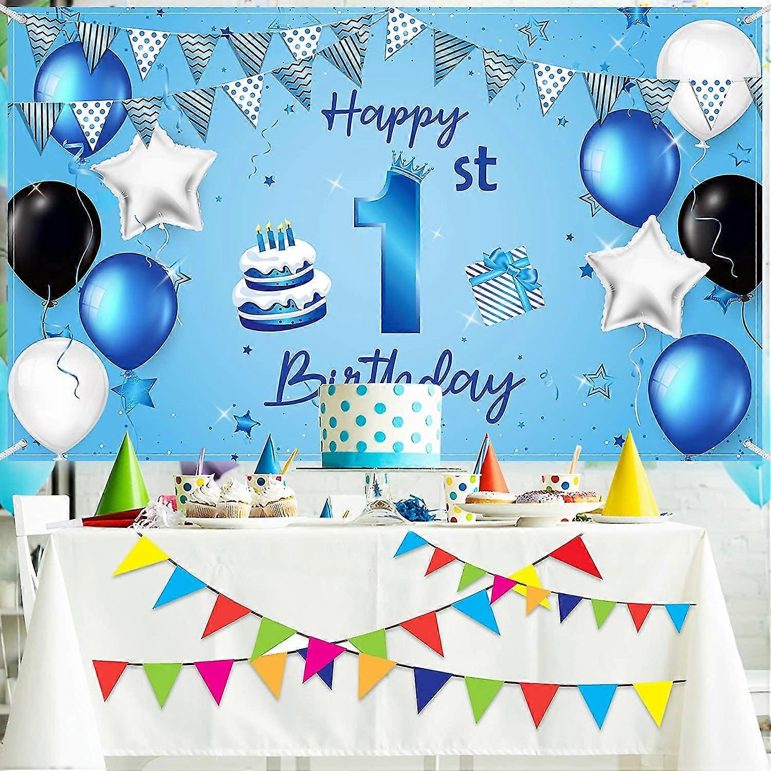 Happy 1st Birthday Backdrop Banner Blue Newborn Boys First Birthday ...