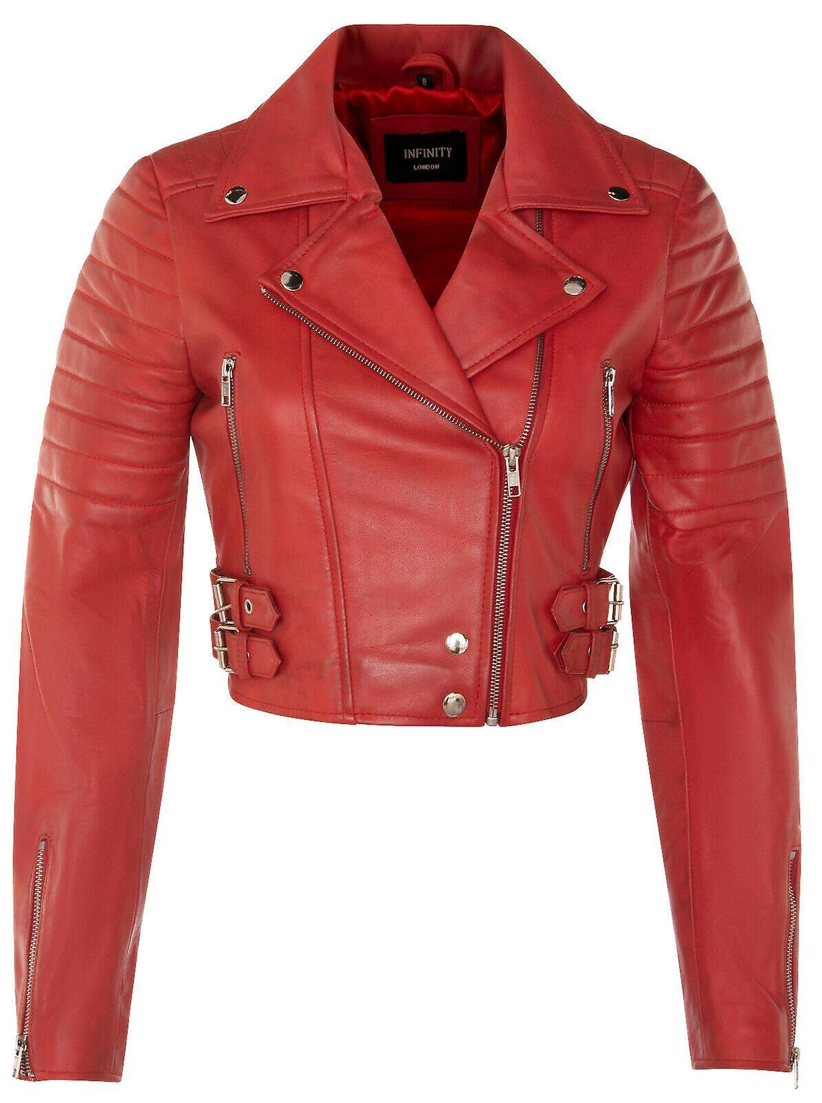 Ladies Cropped Short Body Red LEATHER Jacket | Fruugo US