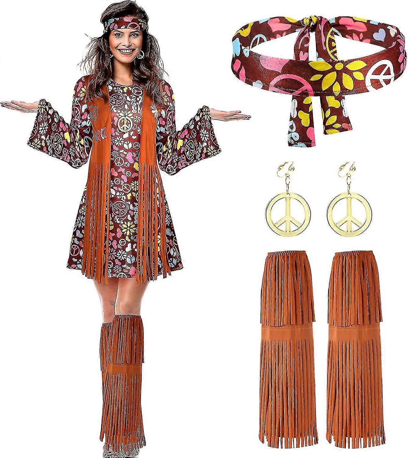 Women Hippie Costume Set Peace Sign Earring Necklace Headband Dress Ankle Socks | Fruugo UK