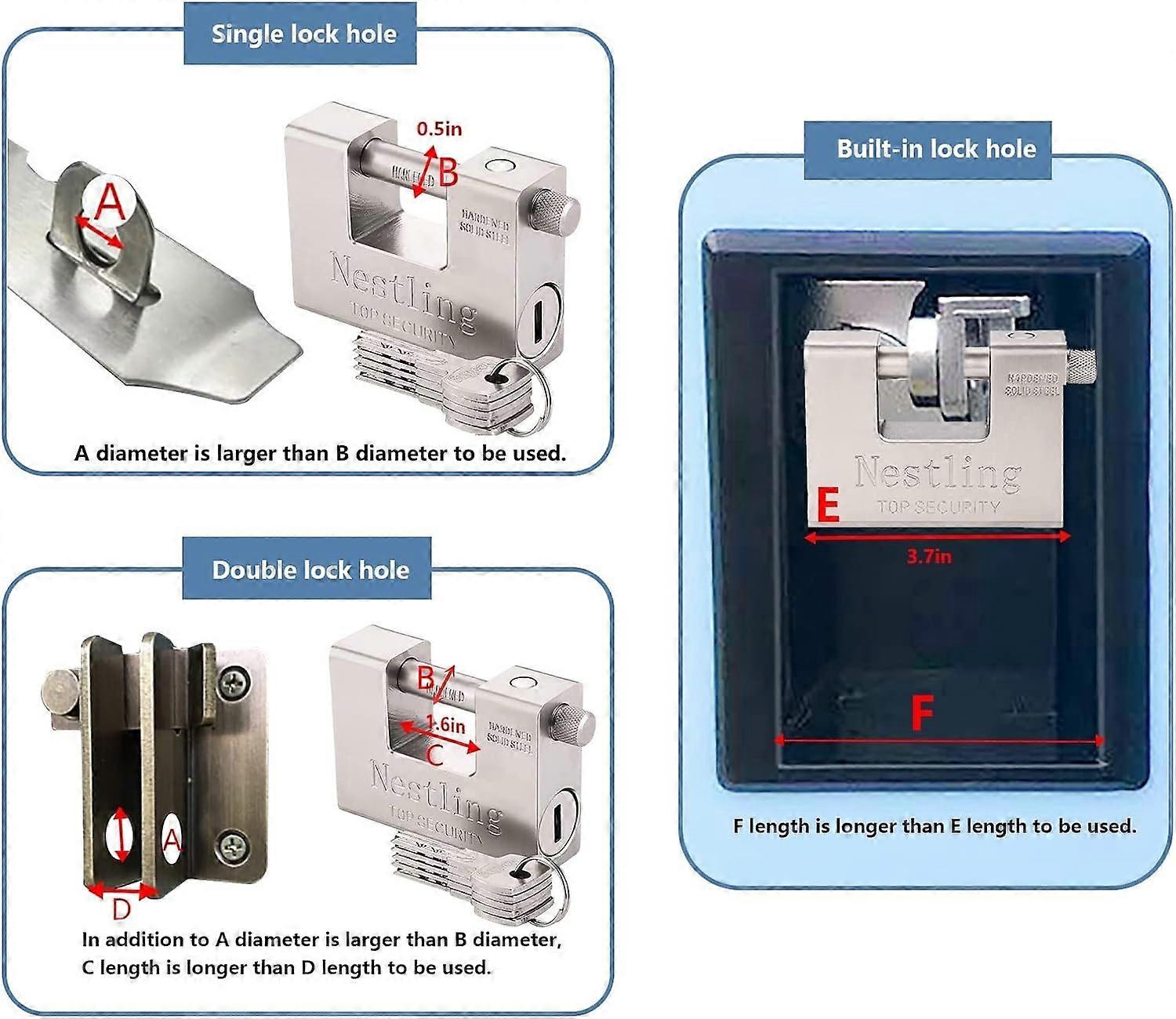 94mm Padlock with Key, High Security 5 Keys Heavy Duty 1.1 KG D-Shaped ...