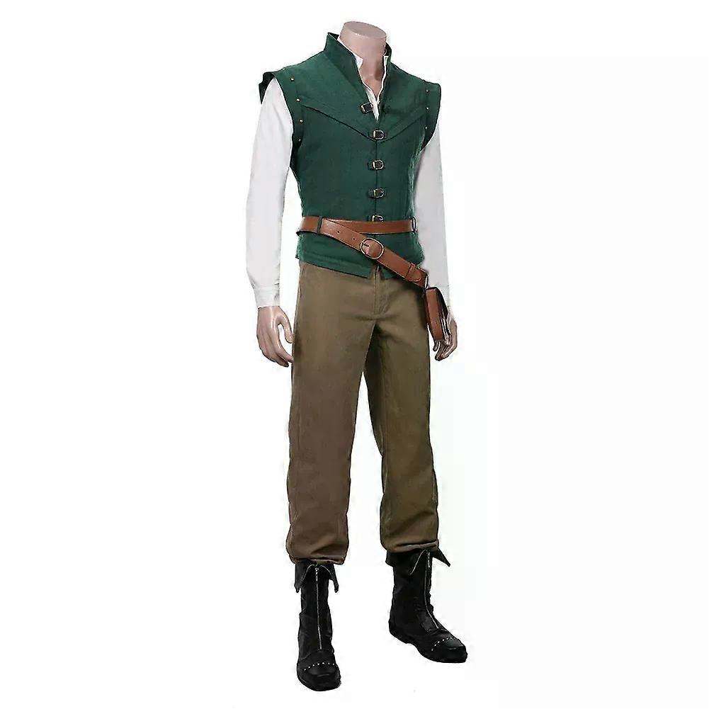Flynn Rider Cosplay Costume Green Vest White Shirt Brown Pant Adult ...