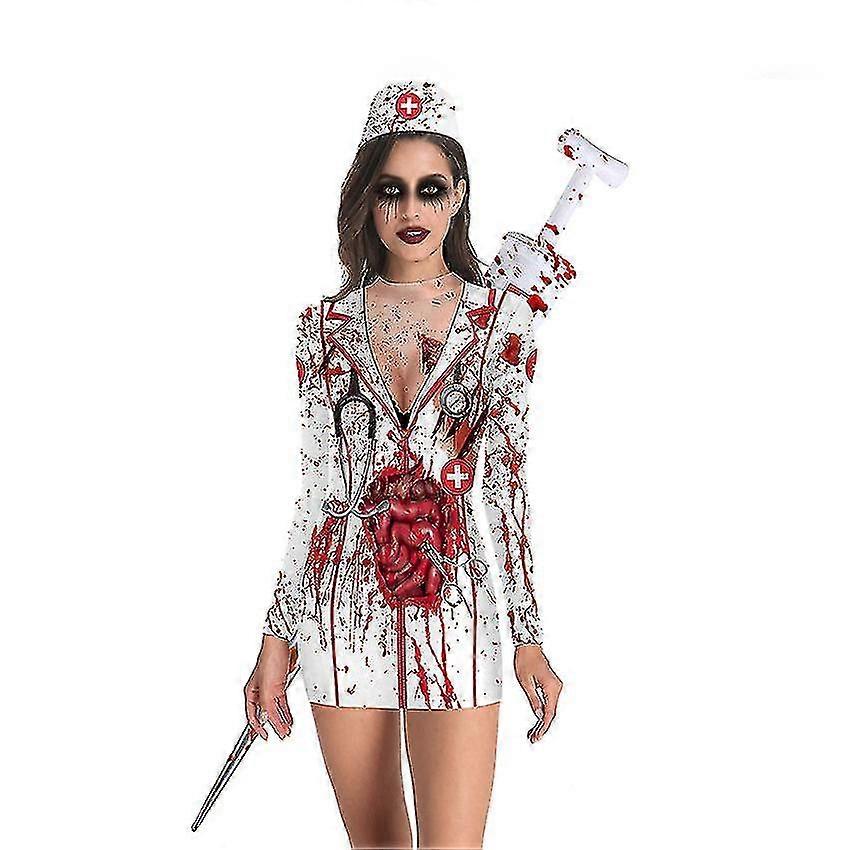 Women Scary Bloody Nurse Costume Women Skeleton Skull Horror Halloween ...