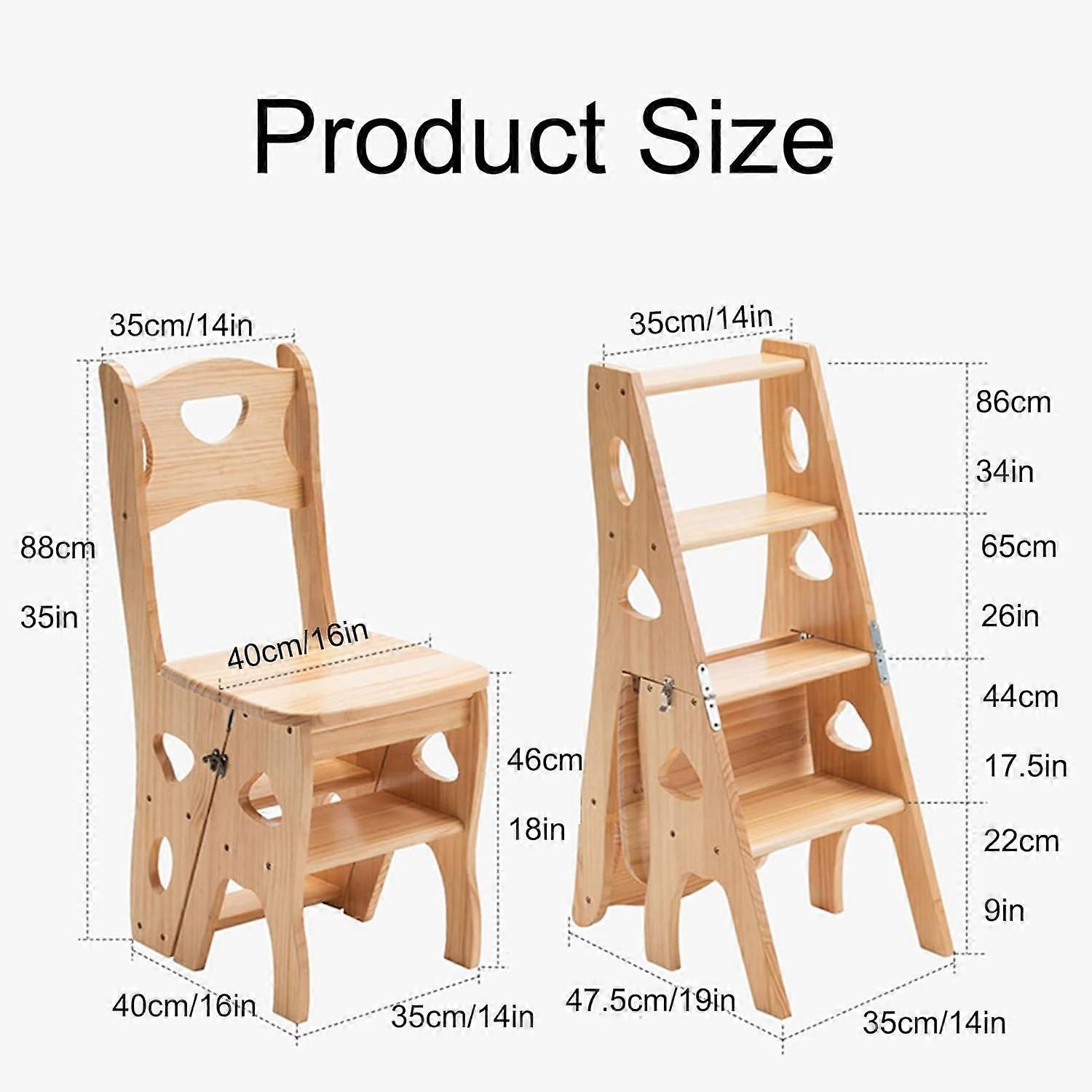 Wooden Folding Library Ladder Chair with Step Stool, Display Shelf and ...