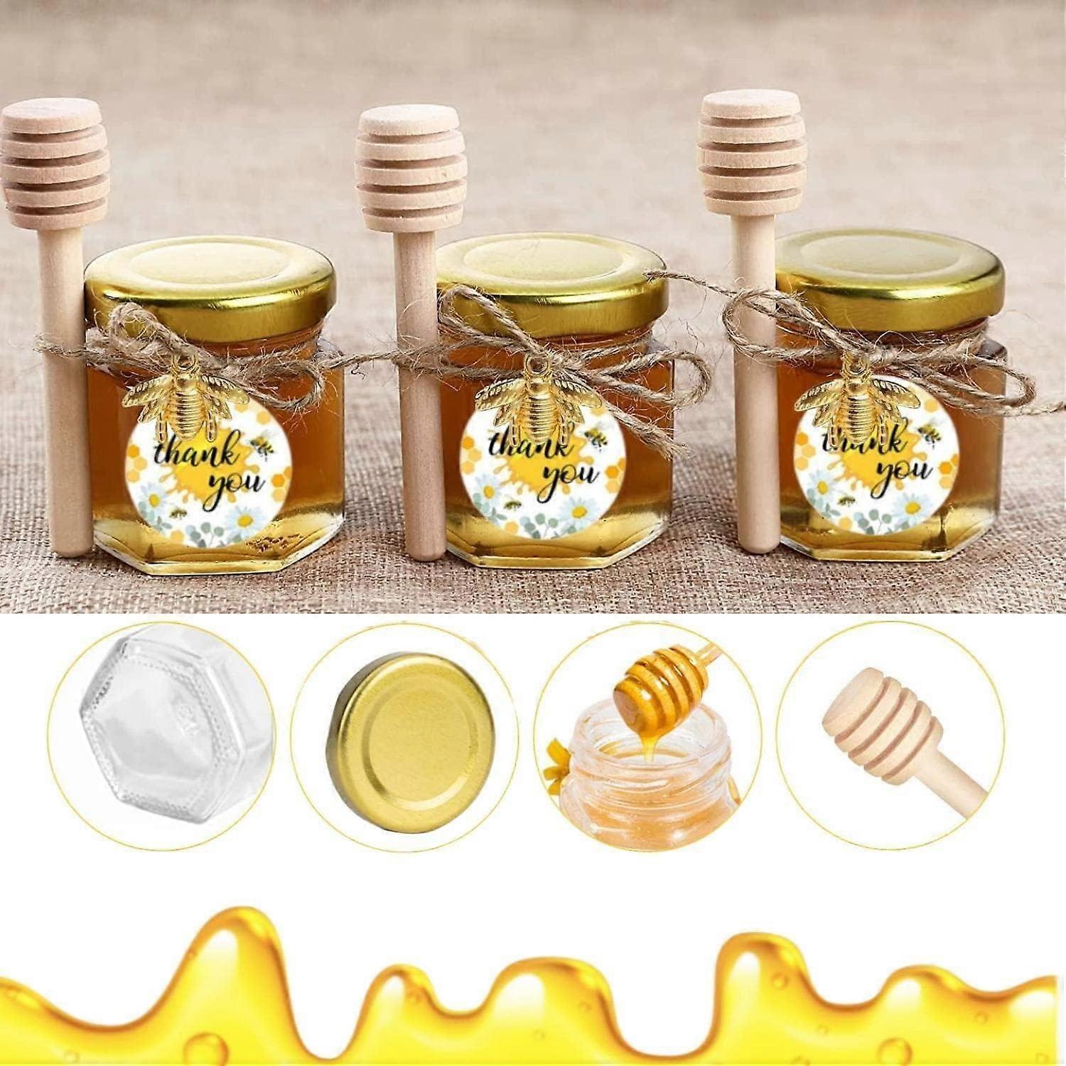 30-Pack Mini Glass Honey Jars, 1.5 oz Hexagon with Wooden Dippers, Gold Lids, Bee Pendants, Jute ...