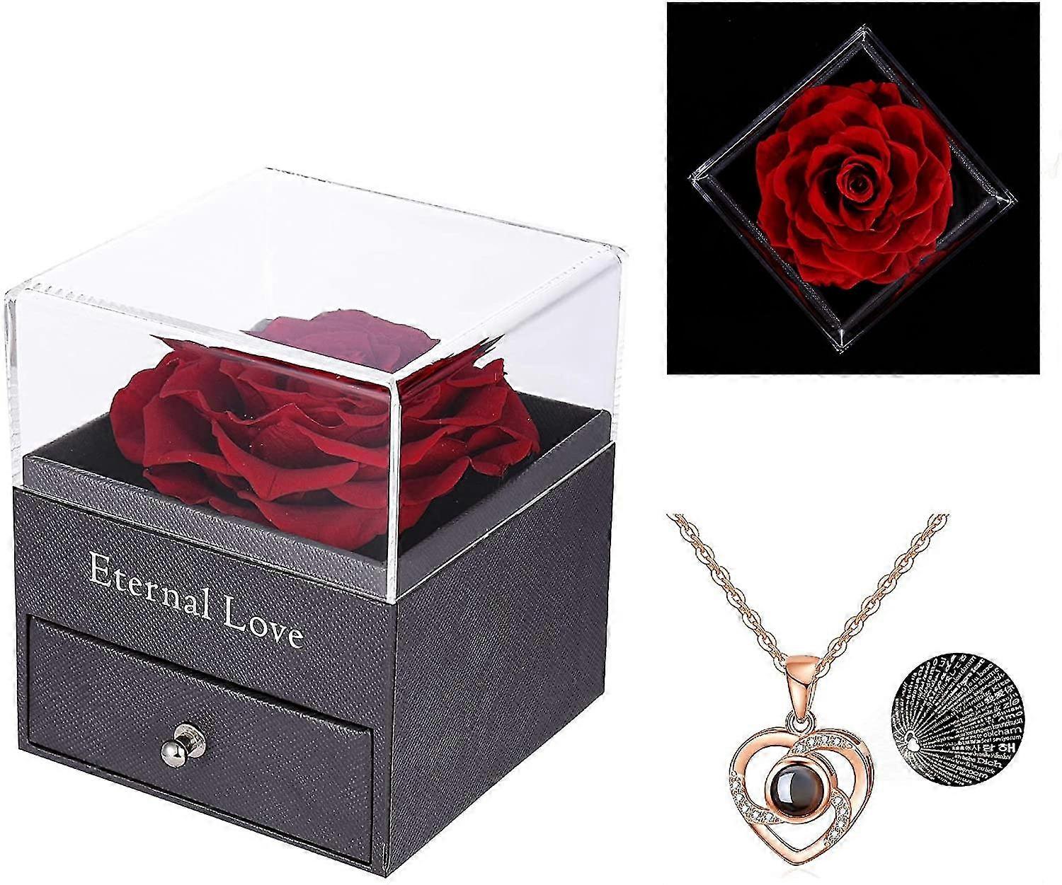 Preserved Real Rose With Love You Necklace In 100 Languages Gift Set ...