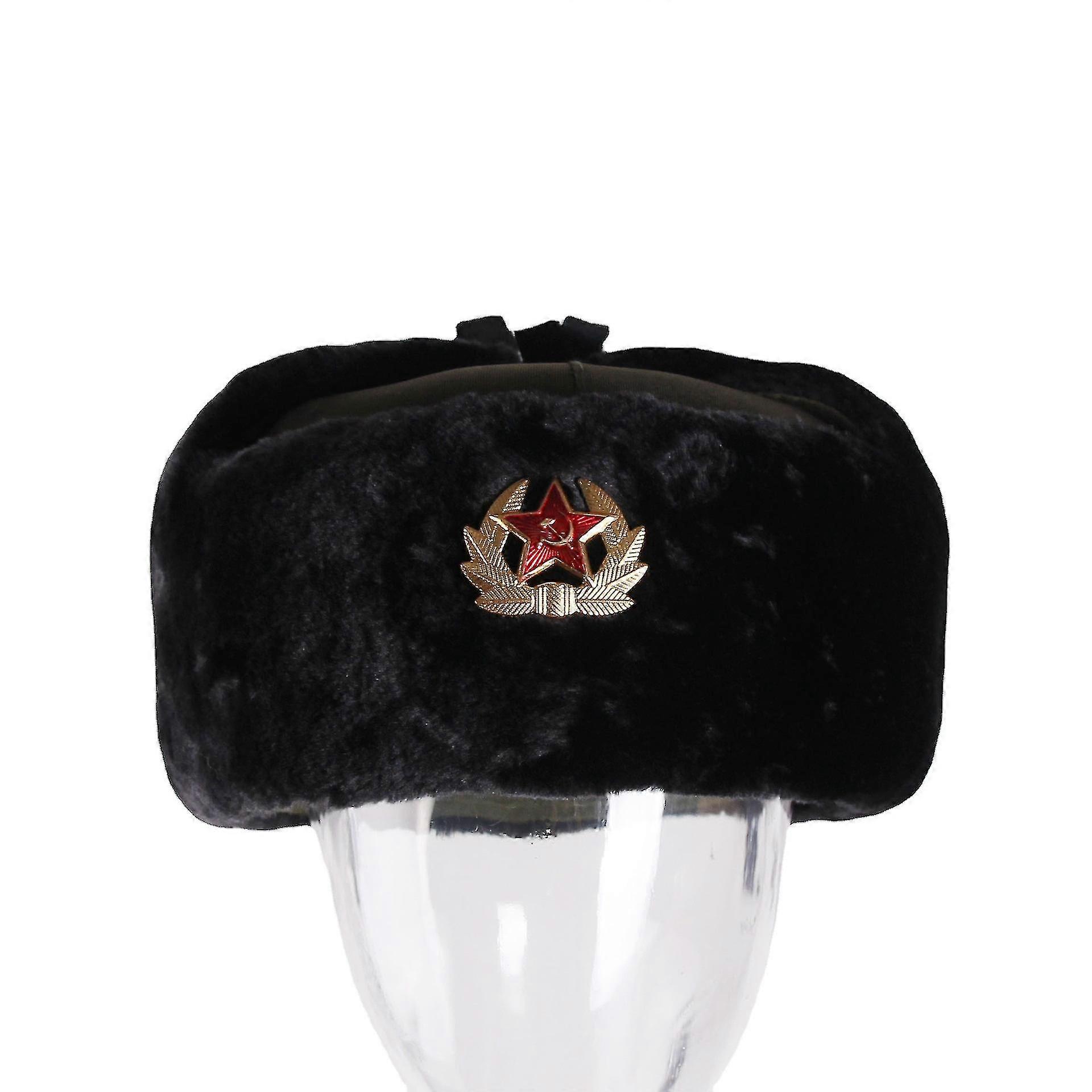 Mens Black Russian Trapper Winter Warm Hat Cap With Soviet Badge Unisex ...