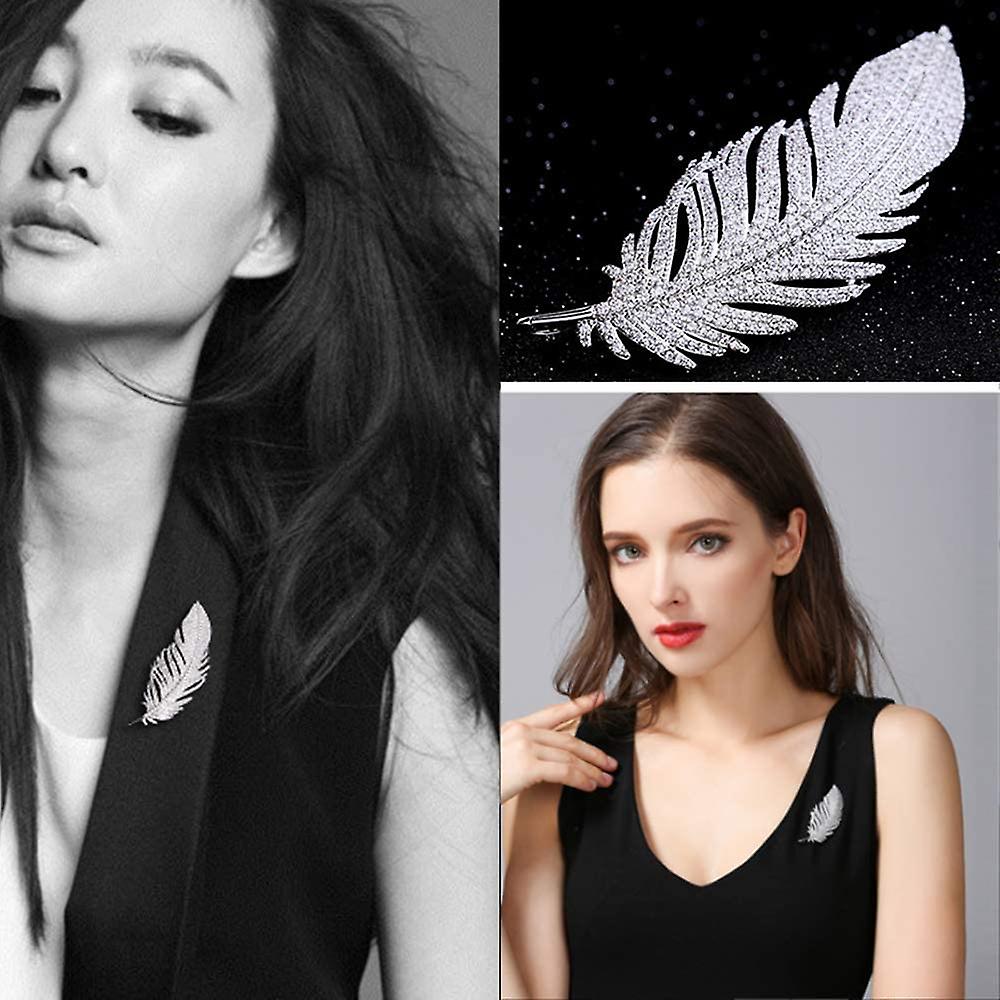 Rhinestone Feather Brooch Pin for Women Men Fashion Crystal Delicate Leaf Brooch Lapel Pins ...