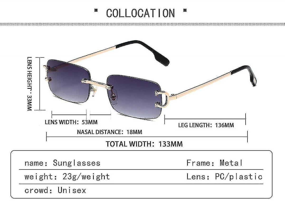 Vintage Rimless Rectangle Sunglasses Tinted Lens Gold Metal Frameless ...