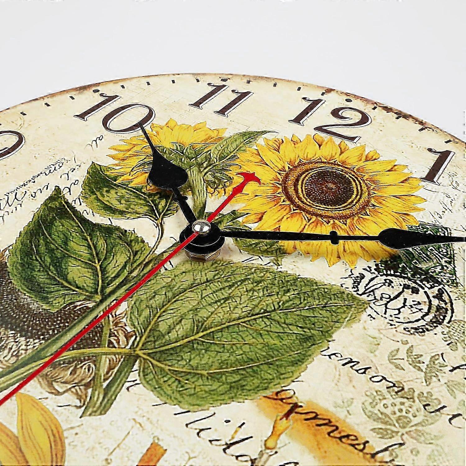 Wooden Yellow Sunflower Wall Clock Silent Non Ticking 12 In Battery ...