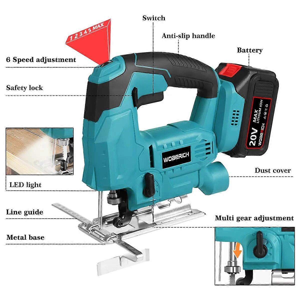 20V 65mm Cordless Jigsaw Quick Blade Change Electric Saw LED Light ...