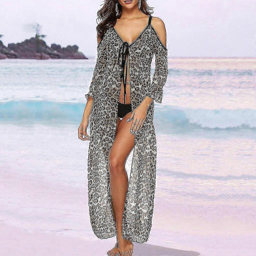 Women Sexy V Neck 3/4 Sleeve Cold Shoulder Leopard Lace Up Beach Dress ...