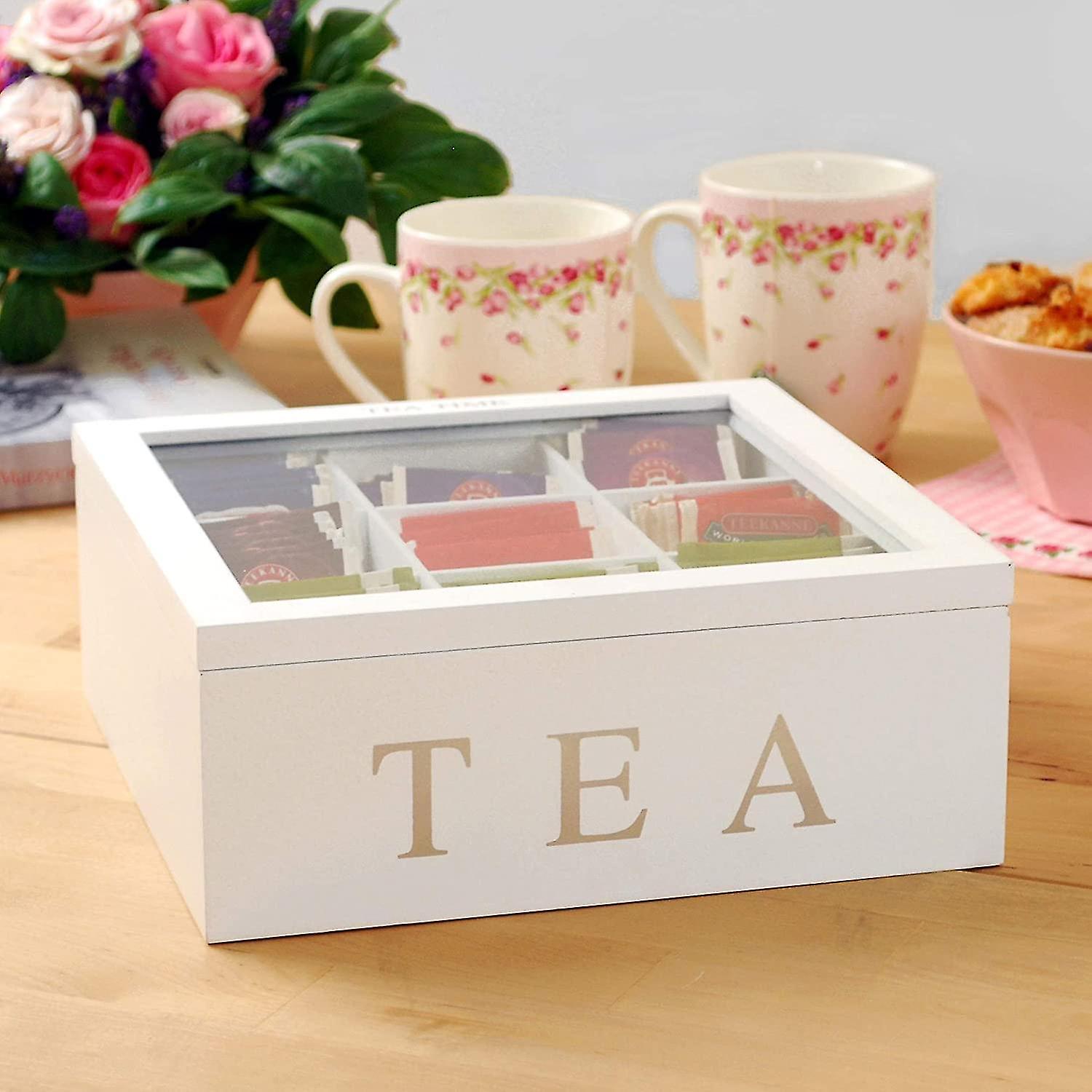 Wooden Tea Box, Tea Box In White, Tea Box With 9 Compartments, Large ...