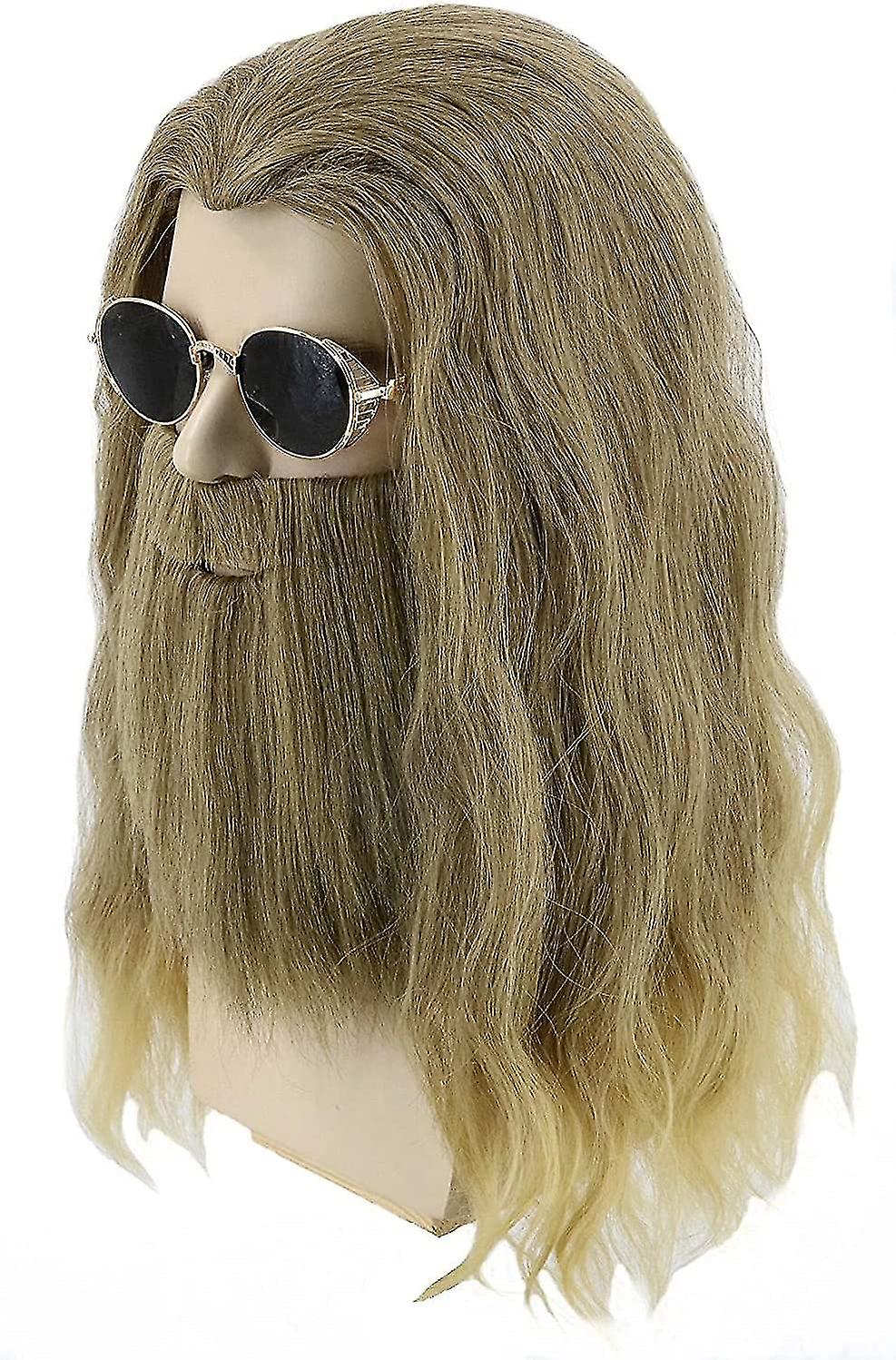 Fat Thor Wig With Beard Mens Long Curly Ash Blonde Wig Halloween ...