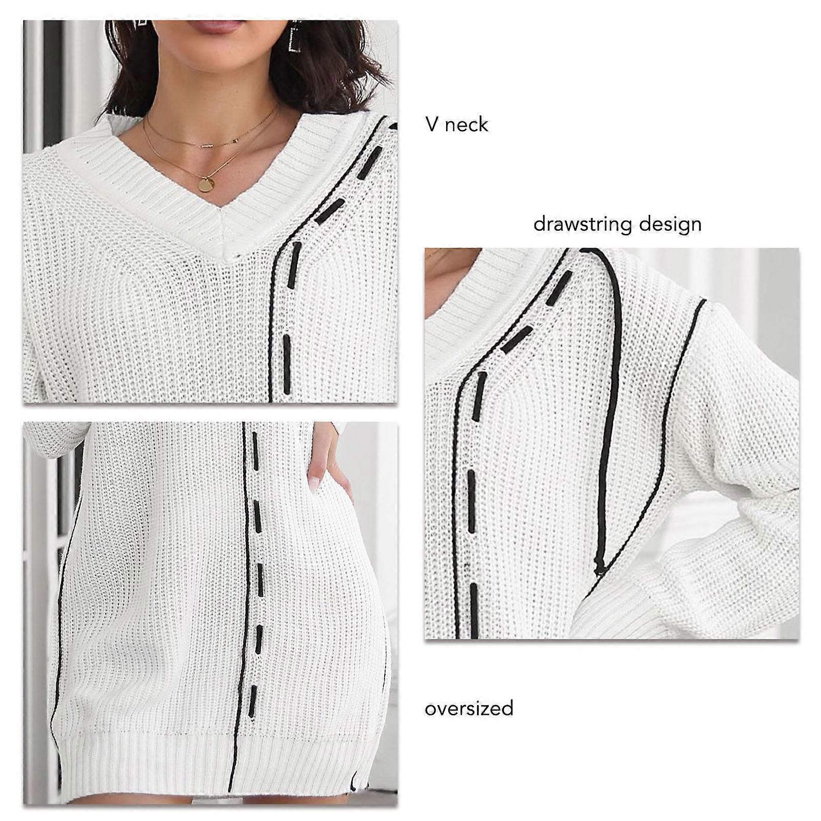 Drawstring Loose Sweater Dress Long Sleeve V Neck Dropped Shoulder ...