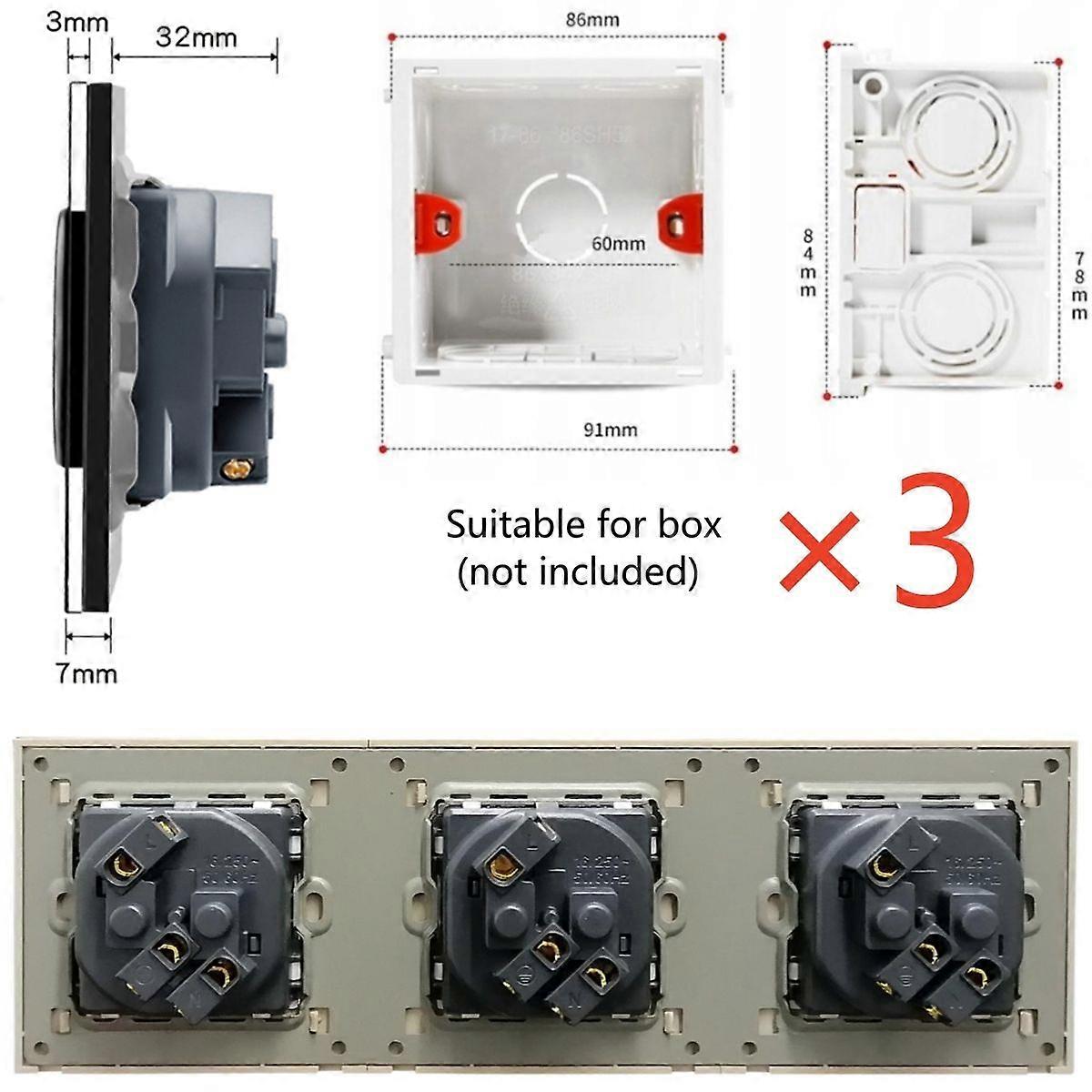 EU Wall Triple Socket 16A AC Power Outlets French Standard Tempered ...