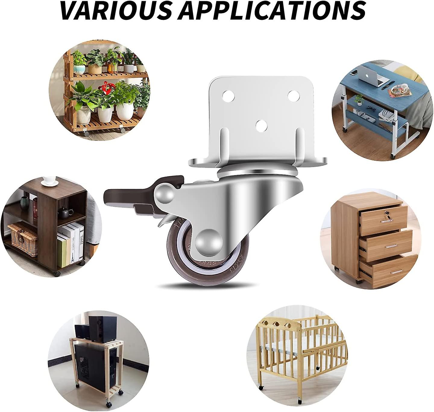 Set of 4 Small Furniture Swivel Casters, 25mm with Brake, L-Mount Plate ...