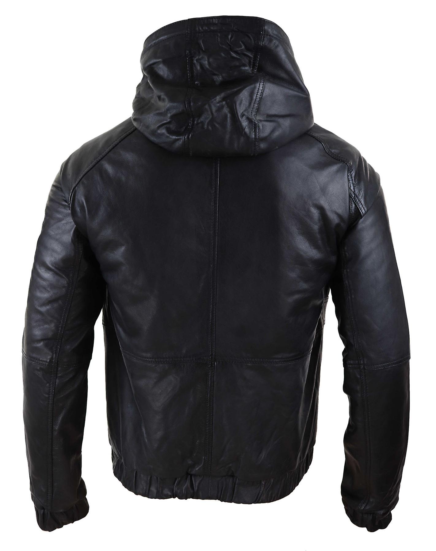 Men's Real Leather Hood Bomber Jacket Zipped Tailored Fit Casual ...
