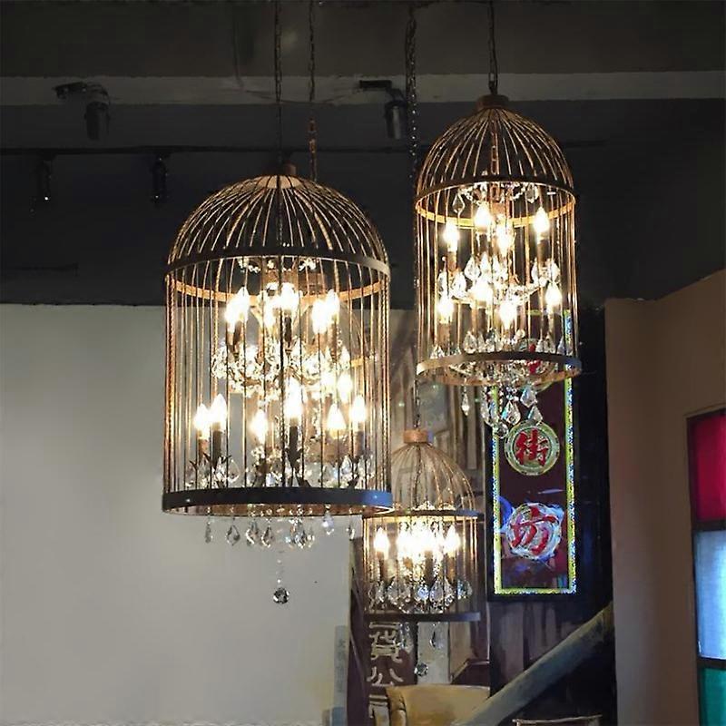 Retro Bird Cage LED Pendant Lights Wrought Iron Crystal Chandeliers ...