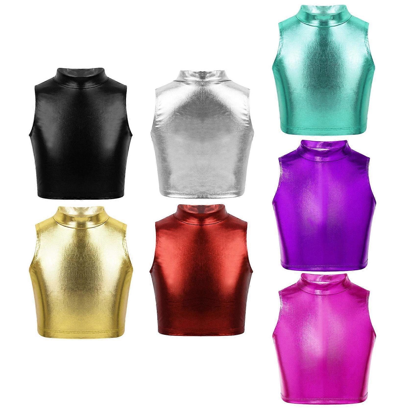 Fashion Girls Shiny Metallic Sleeveless Turtleneck Crop Tank Tops ...