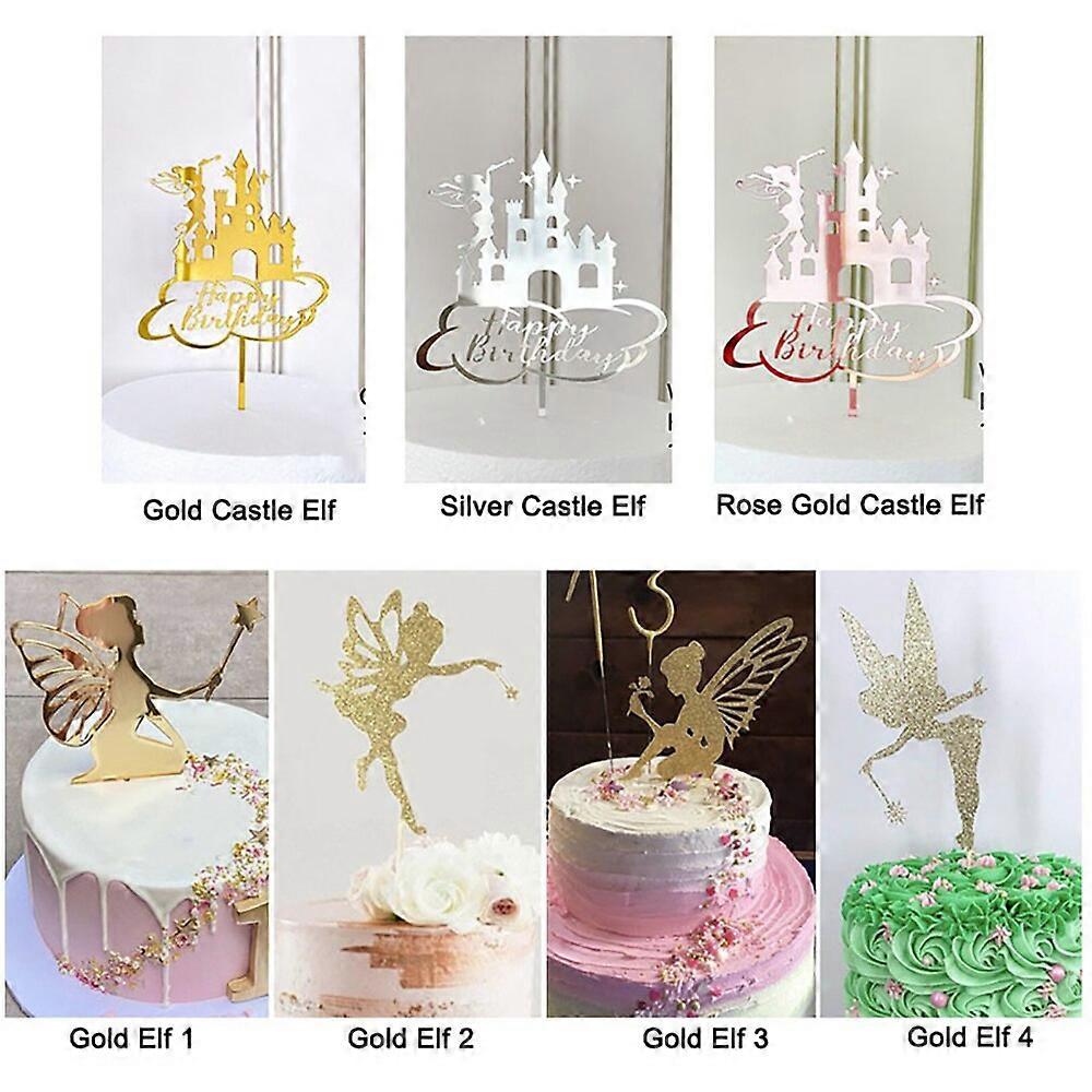 Little Fairy Happy Birthday Cake Toppers Gold Acrylic Angel Castle Elf ...