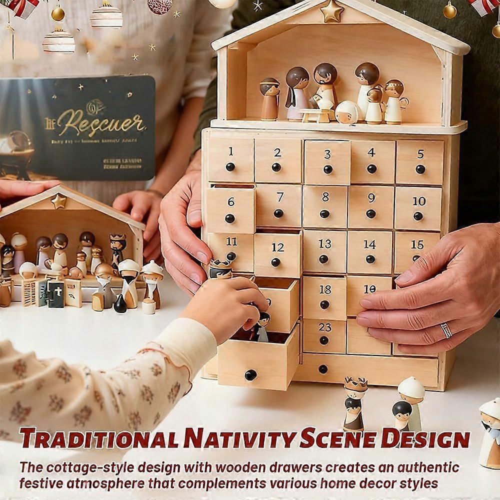 The Rescuer Nativity Advent Set, Wooden Calendar Advent with 25 Drawers ...