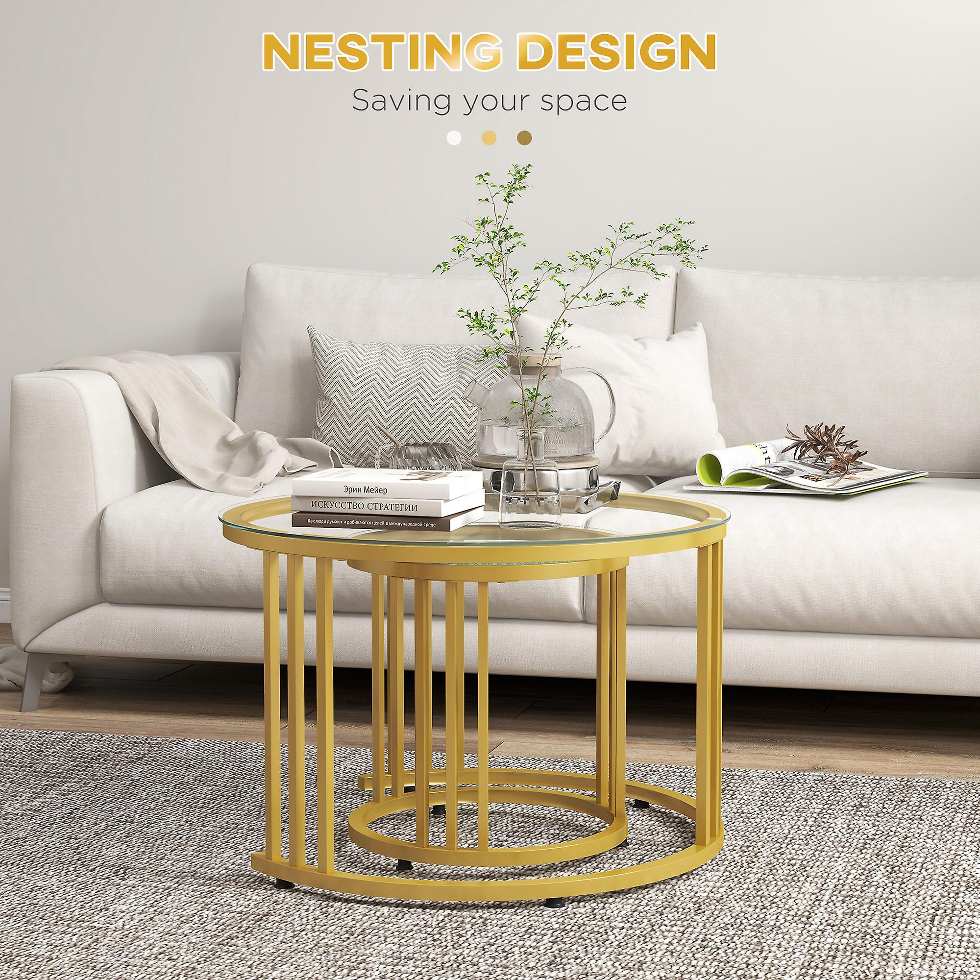 HOMCOM 2 Pieces Round Nesting Coffee Tables with Tempered Glass Top ...