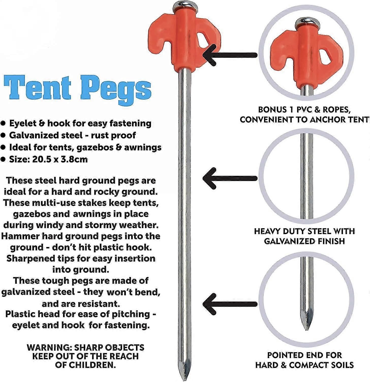 Heavy-duty Storm Proof 10 Pack Galvanized Steel Rust Proof Tent Pegs These Steel Hard Ground ...