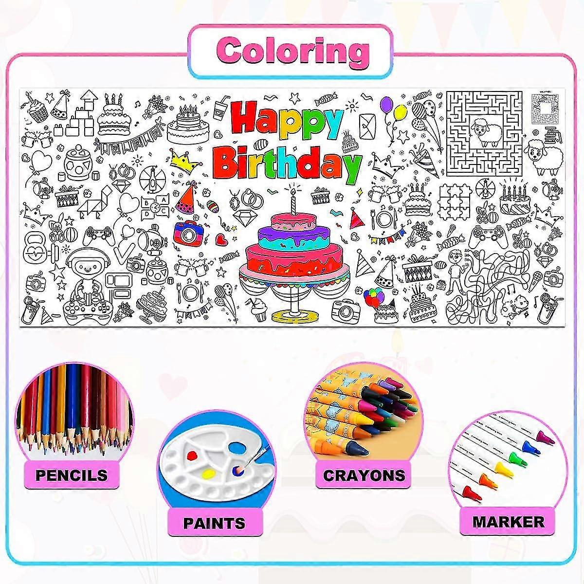 Happy Birthday Coloring Tablecloth, 72 x 31 Inch Giant Coloring Poster ...