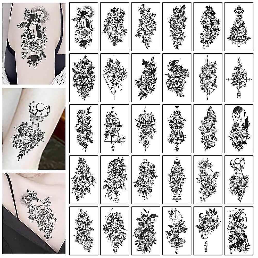 30pcs Temporary Tattoos,waterproof Temporary Tattoos,women Temporary Tattoos,black Sketch Flower ...