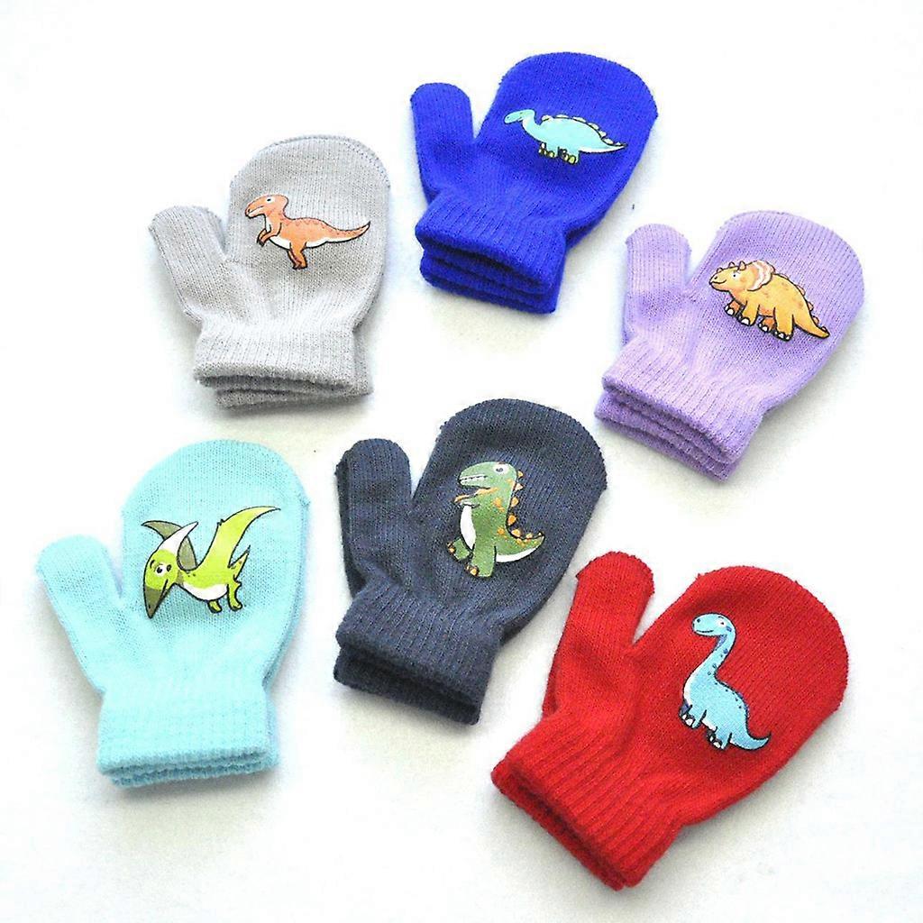 Kids Winter Full Fingers Gloves Warm Stretch Knitted Cartoon Dinosaur ...