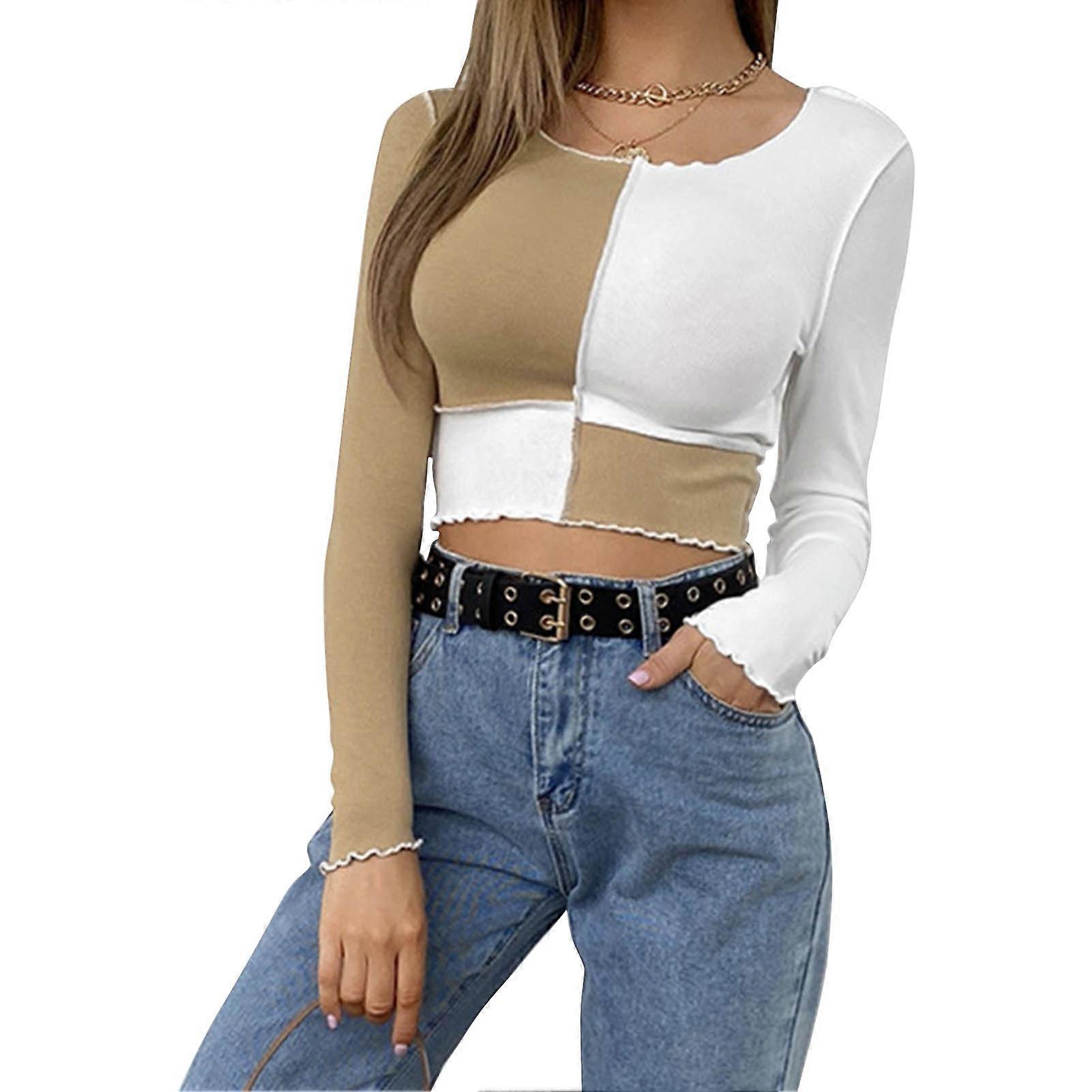 Women Color Block Crop Top Fashion Slim Fitted Long Sleeves Cropped Top ...