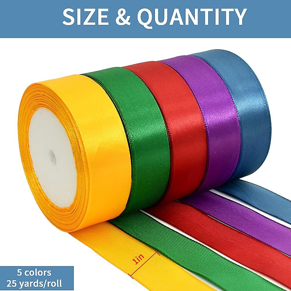 1 Inch X 125 Yards 5 Colors Satin Ribbon Rolls, Mixed Bright Dark ...