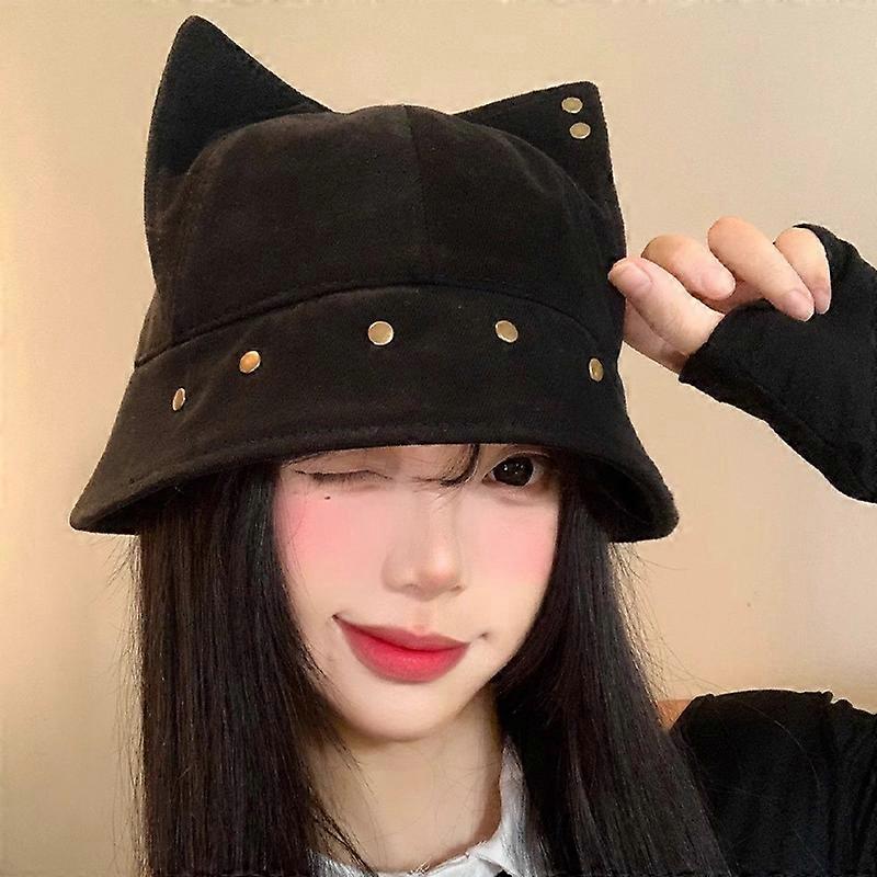 Cute Funny Cat Ear Bucket Hat Fashion Vintage Rivet Versatile Casual ...