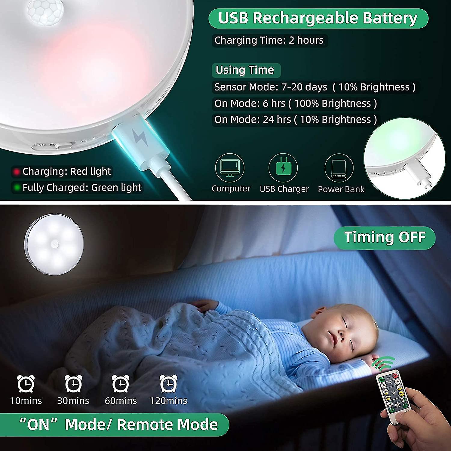 Led Night Light Closet Lamp, Usb Rechargeable 6 Pack Wireless Night ...