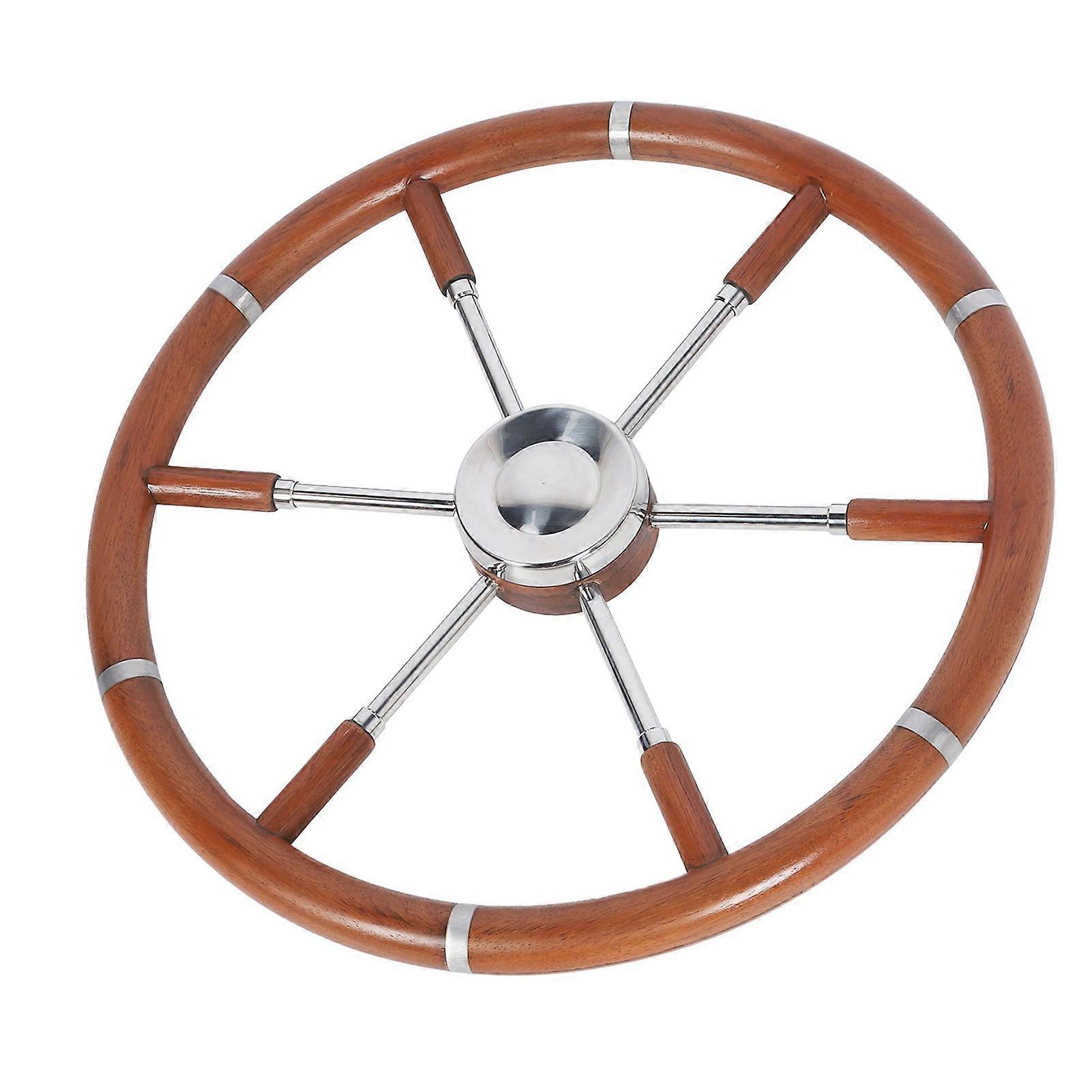 Teak Wood Handle Boat Steering Wheel 6 Spoke 304 Stainless Steel Center ...