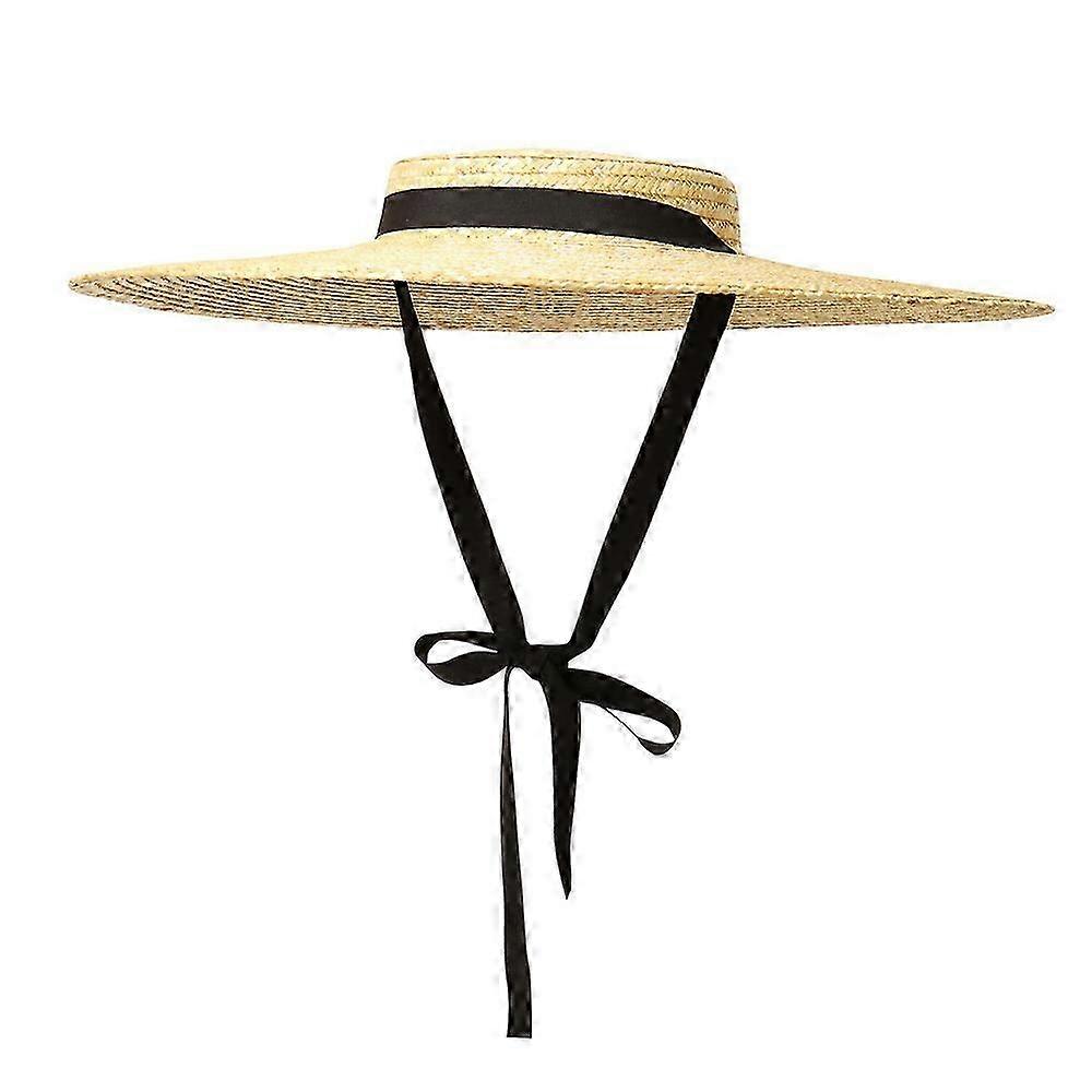 Vintage Large Brim Straw Hat for Women Flat Top Summer Beach Cap ...