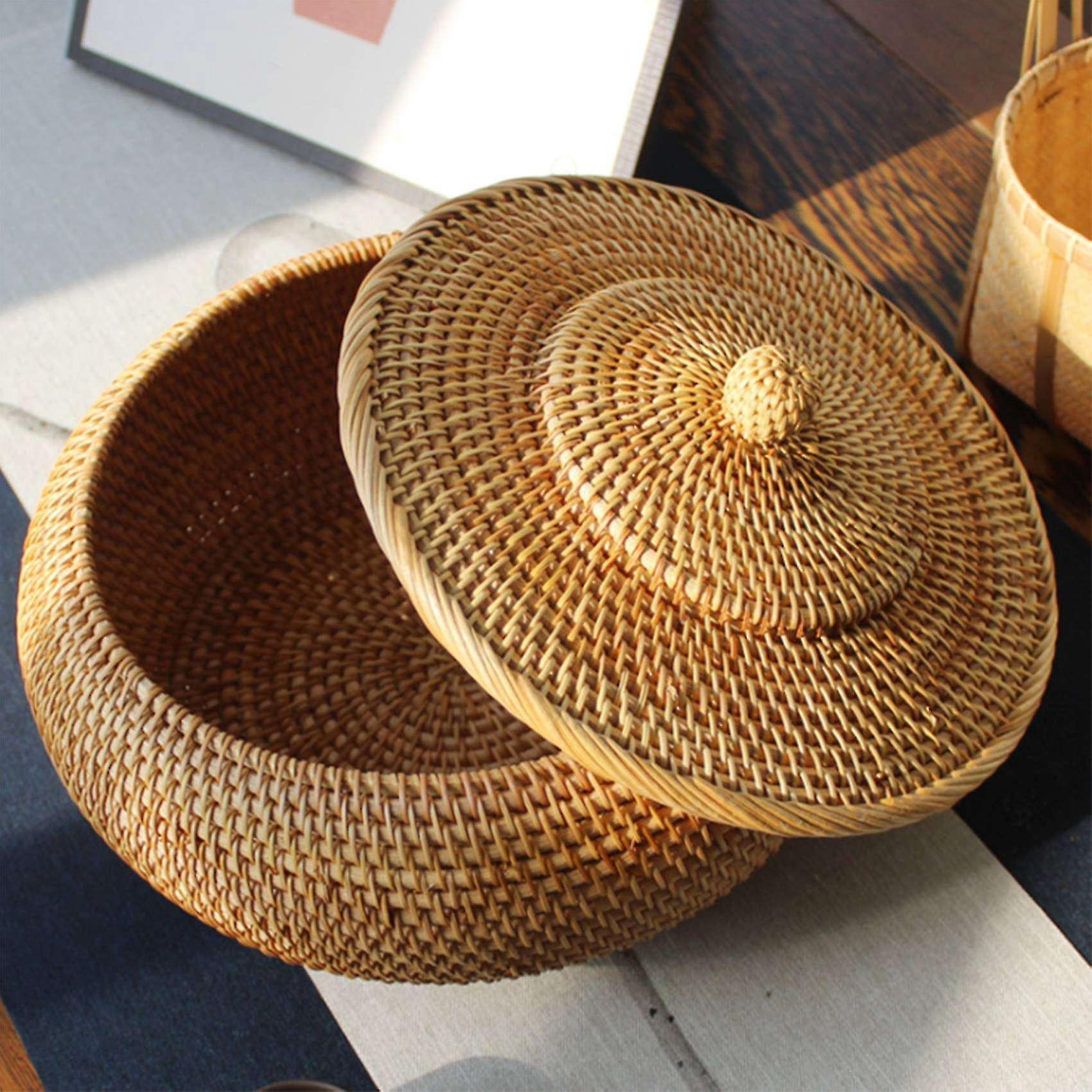 Round Rattan Box,wicker Fruit Basket With Lid Bread Basket Tray Storage ...