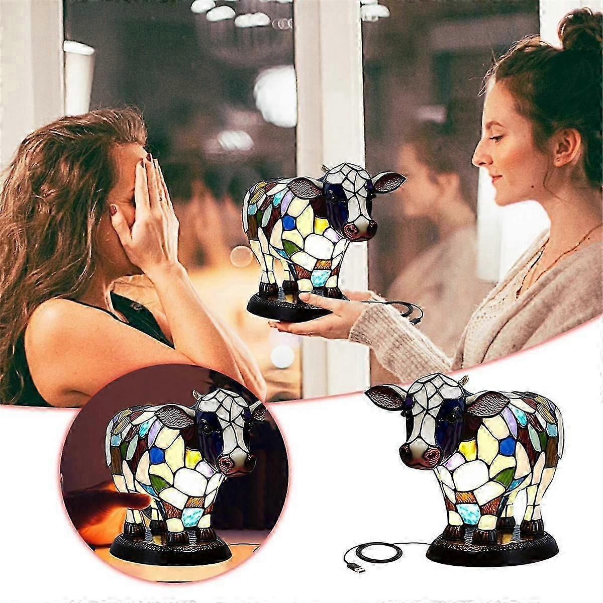 Animal Table Lamp, Multicolor Cow Bedside Table Lamp with USB Ports ...