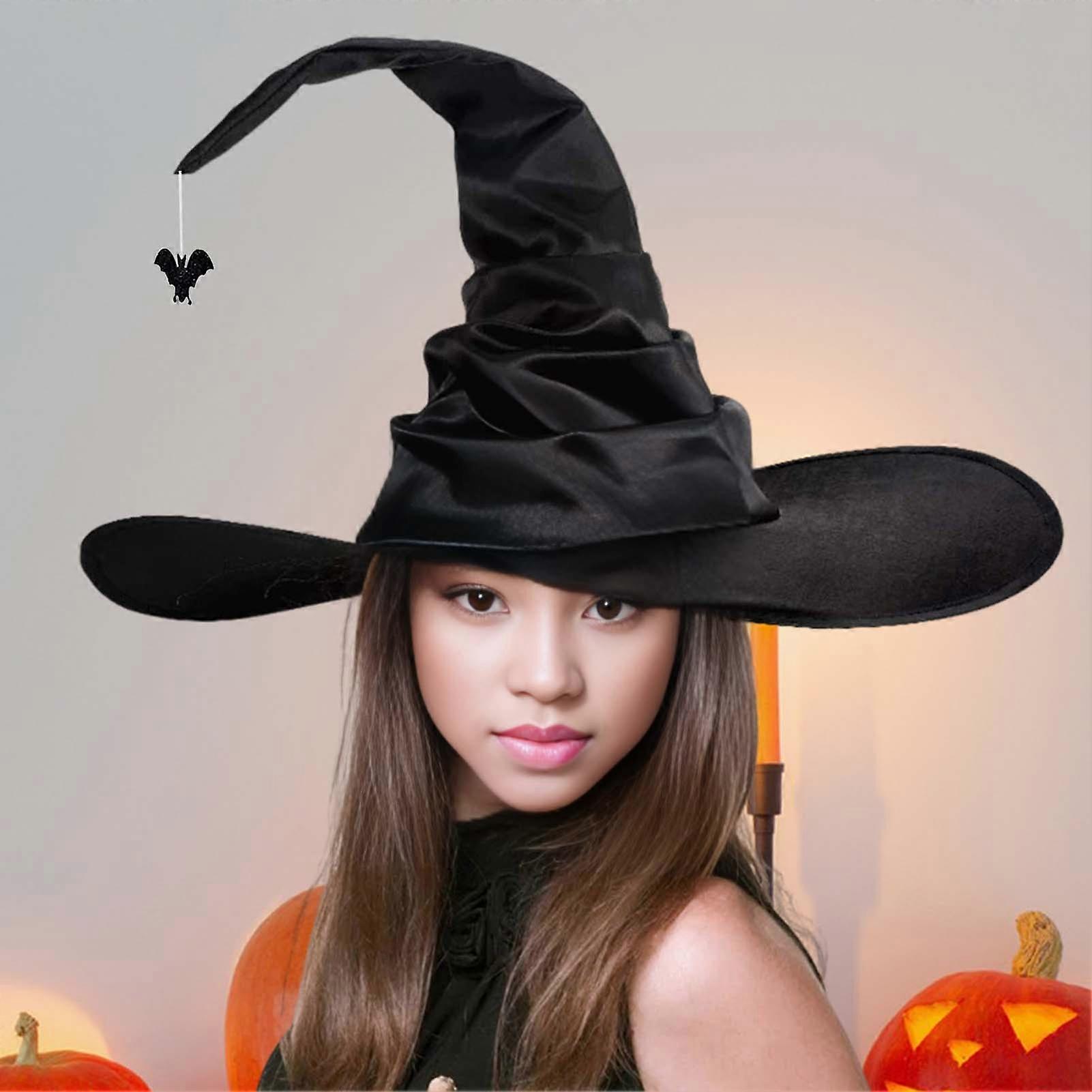 Halloween Hat Spider Bat Decor Angled Witch Hat Ruched Large Brim ...