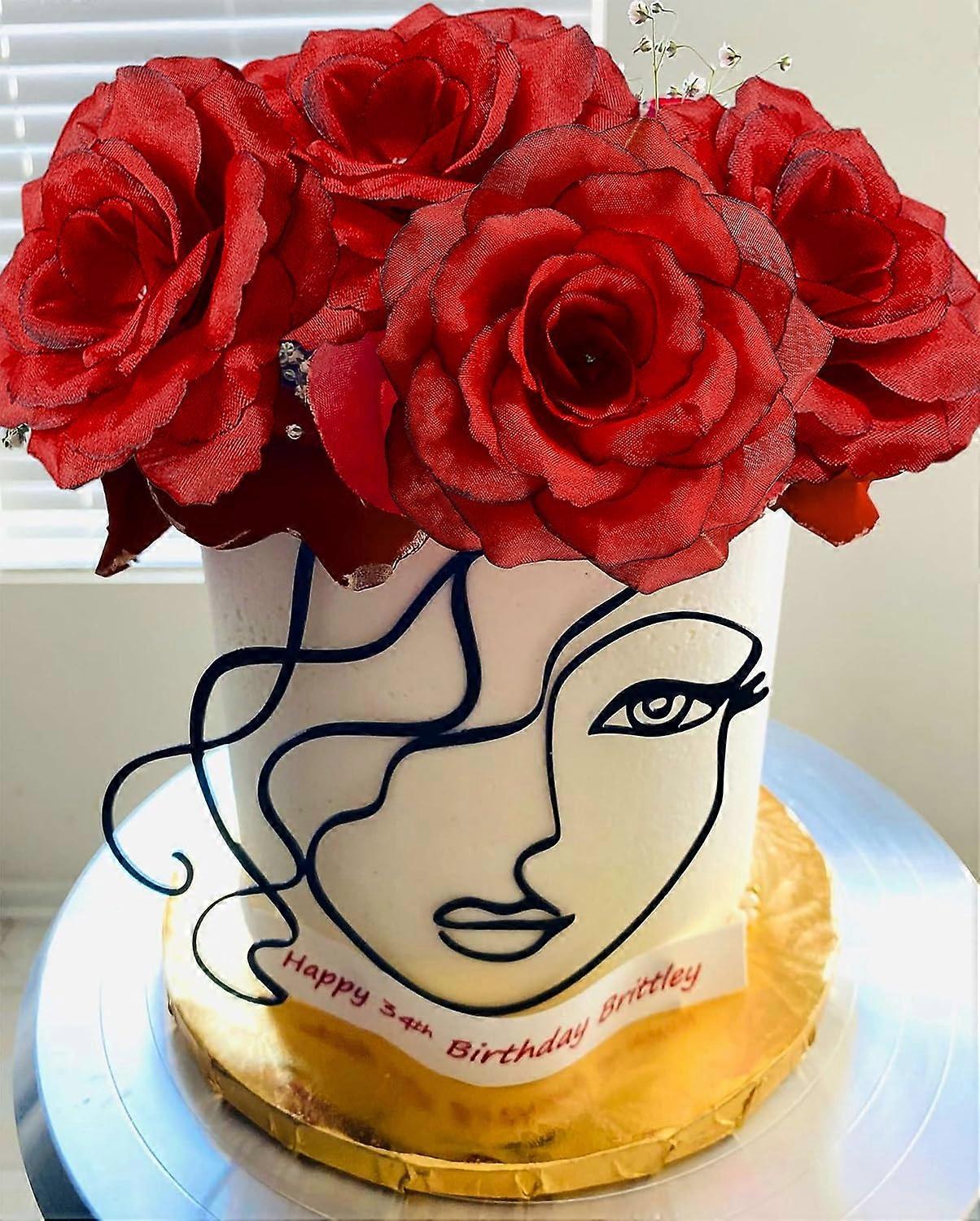Red Acrylic Minimalist Art Lady Face Cake Topper Rose Cake Topper ...