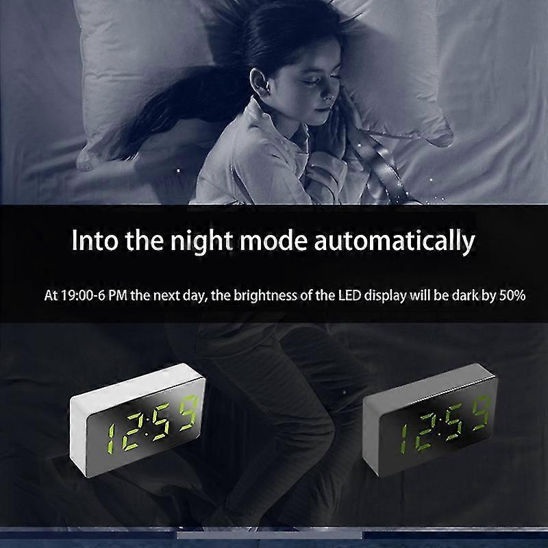 Mini Desk Alarm Clock Digital Mirror Led Temperature Usb Bedside Table ...